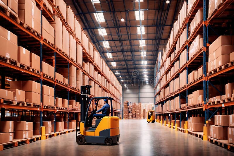 Huge Distribution Warehouse with High Shelves and Loaders. Stock ...