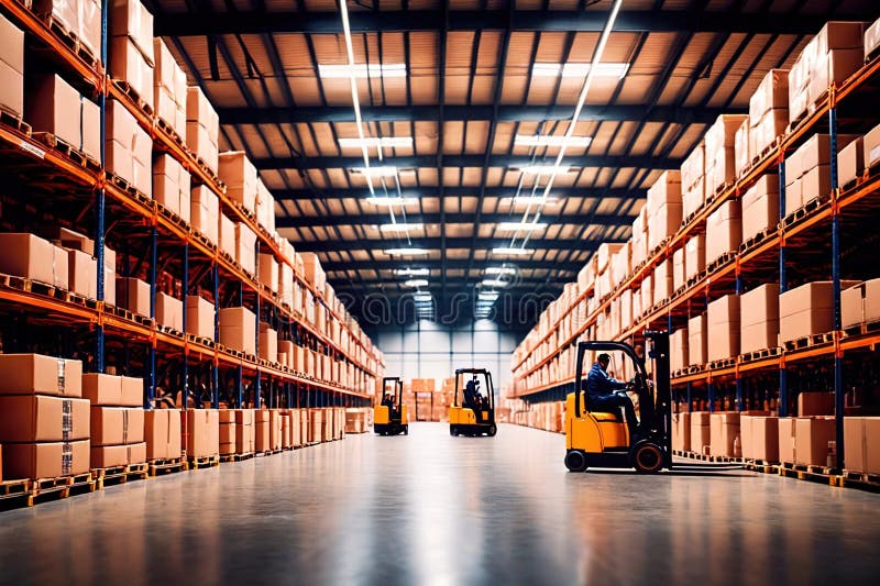 Huge Distribution Warehouse with High Shelves and Loaders. Stock ...