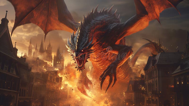 A Huge Dragon Destroyed the City with a Fiery Flame. Stock Illustration ...