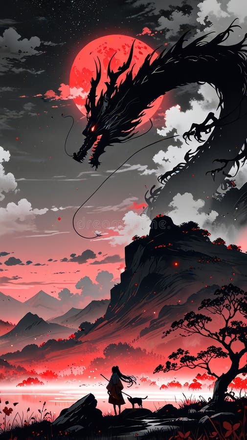 Huge Dragon Samurai in the Lake and Mountain Stock Illustration ...
