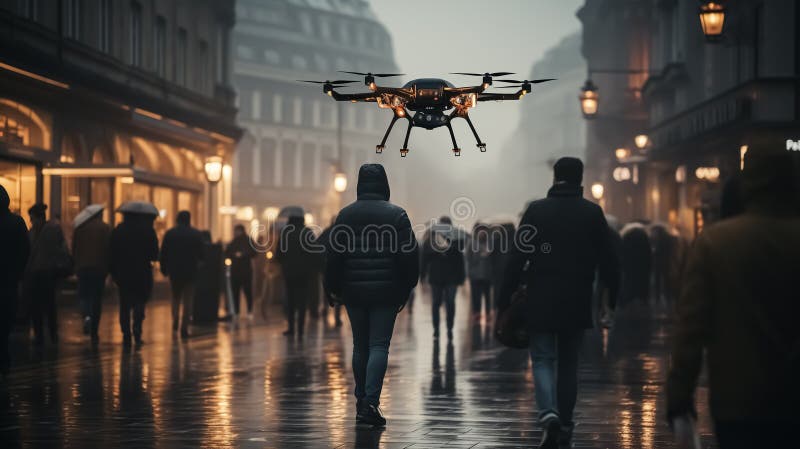 Huge Drone Flying through People in the Crowded Street Stock ...
