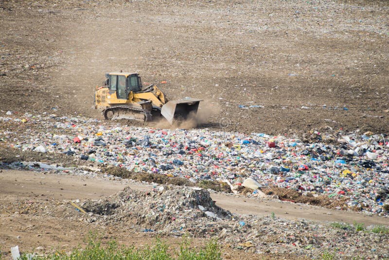 Huge Landfill of Big City. Tractor and Truck on Dump. Household Garbage ...