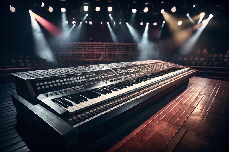 Huge Electronic Keyboard and Synthesizer Set on Stage. Generative AI ...