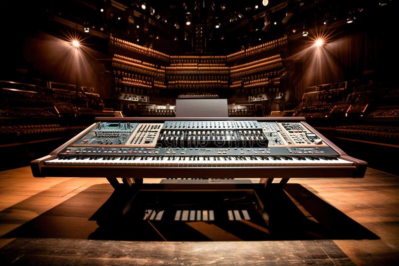 Huge Electronic Keyboard and Synthesizer Set on Stage. Generative AI ...
