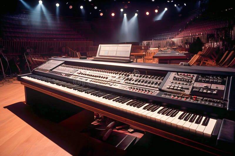 Huge Electronic Keyboard and Synthesizer Set on Stage. Generative AI ...