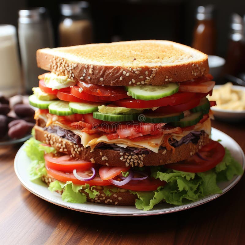A Huge Enormous Sandwich on a Plate, AI Stock Image - Image of burger ...