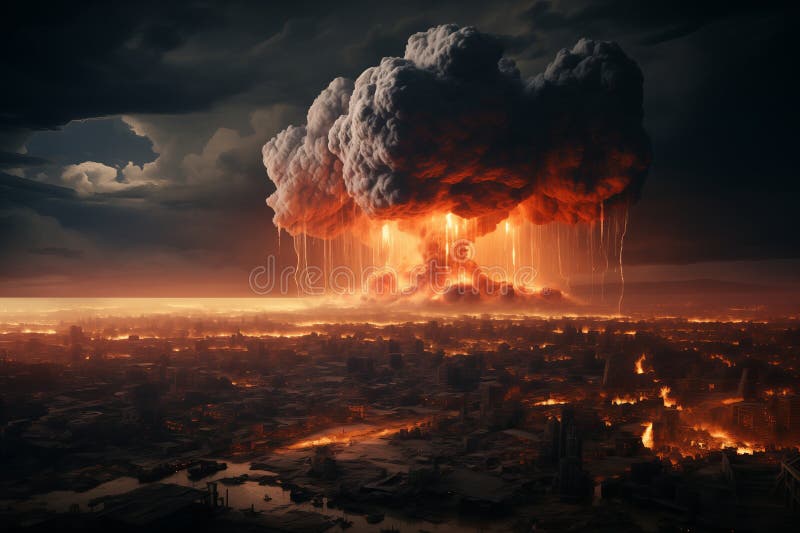 A Huge Explosion and Cloud of Smoke Rises Over the Cityscape Stock ...