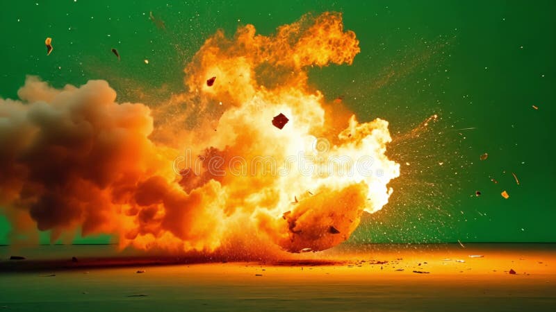 Huge Explosion with Debris Flying on Green Screen Background Stock ...