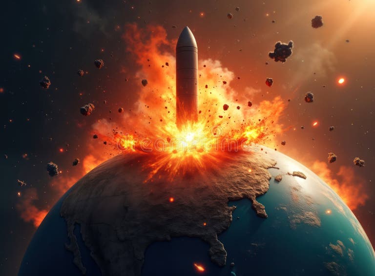 Huge Explosion Devastate Planet. Rocket Impact Earth Surface. Global ...