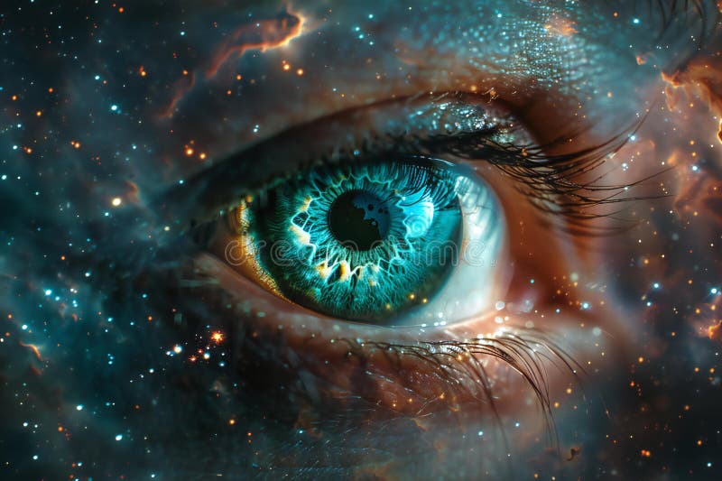 A Huge Eye in Space, Nebula Background, Turquoise Blue Iris and Black ...