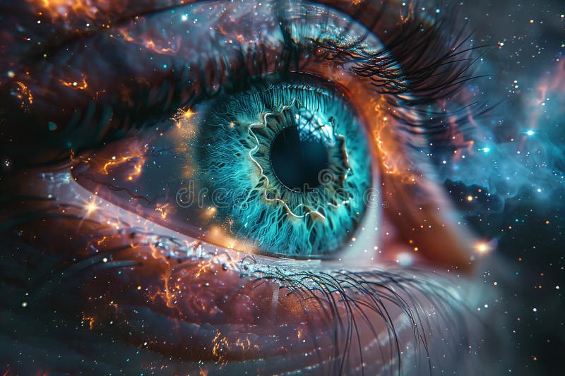 A Huge Eye in Space, Nebula Background, Turquoise Blue Iris and Black ...