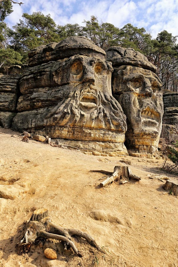 Huge Faces of Devils in the Sand Rock by the Stumps Stock Image - Image ...