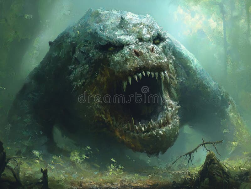 Huge Ferocious Mythical Creature Roars in Dense Forest. Wild Beast ...