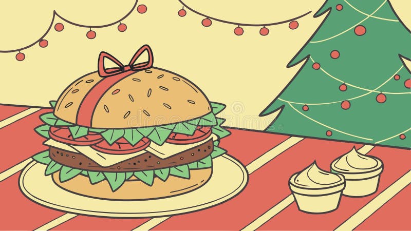 Huge Festive Burger Sandwich on the Festive Table with Christmas Tree ...
