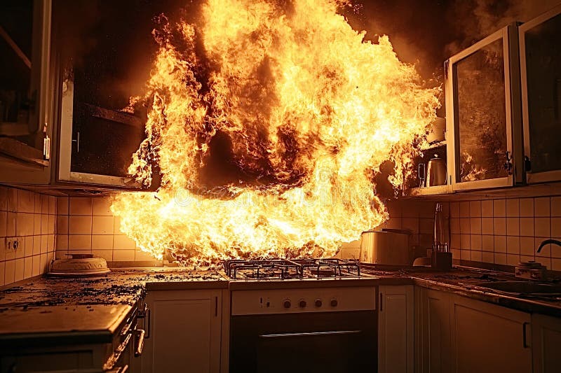 Huge Fire Burning Unattended on Stove Top in Kitchen Stock Image ...