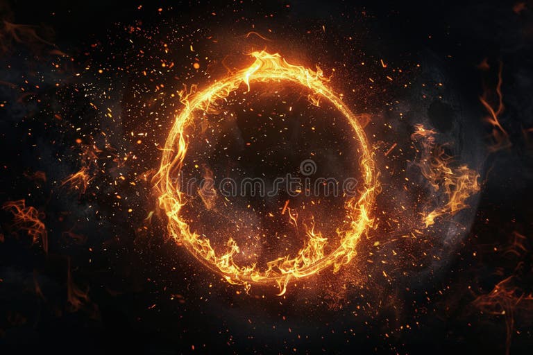 A Huge Fire Exploded Big Circle with Flames Burning, Sparks on a Dark ...
