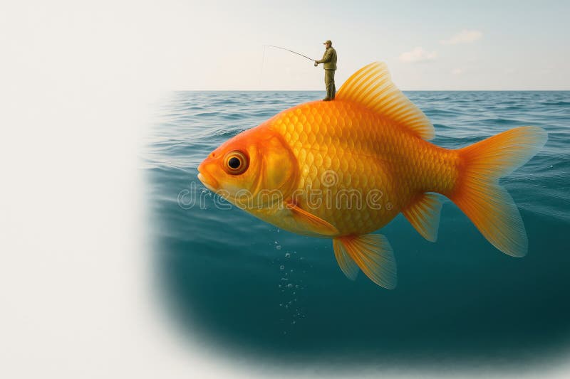 A Huge Fish with a Man Standing on it and Catching Fish. Space for Text. Stock Image - Image of ...