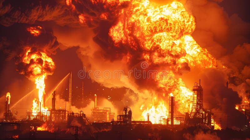 Massive Industrial Fire with Explosions at Refinery Stock Image - Image ...