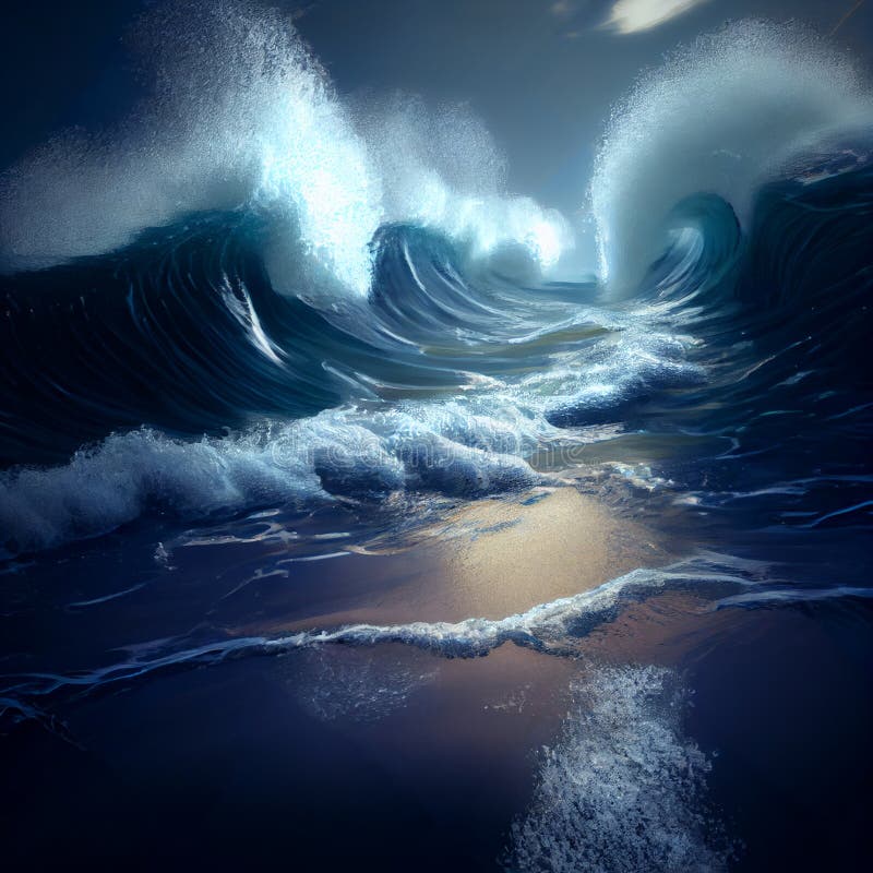 Huge Foamy Ocean Waves, Dramatic Light Stock Illustration ...