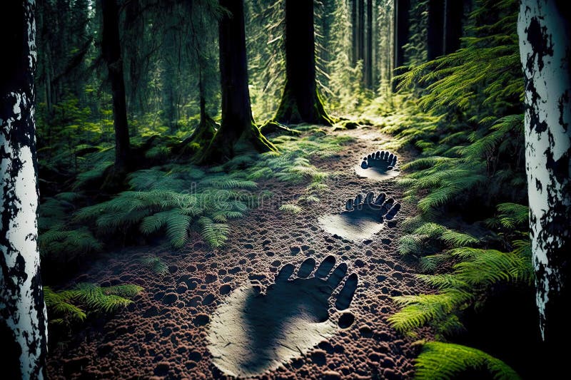 Huge Footprints Left on Forest Path by Feet of Bigfoot Stock ...