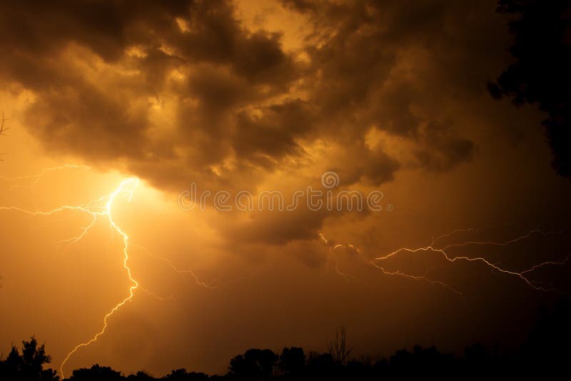 Huge Fork Lightnings and Thunder during Heavy Summer Storm. Stock Image ...