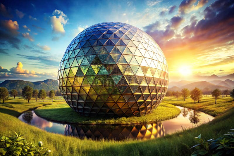 Huge Geometric Sphere in Landscape Illustration Stock Illustration ...