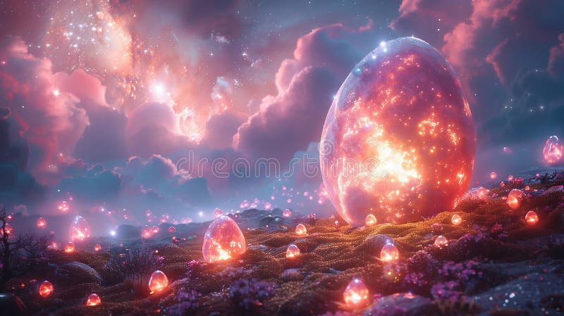 A Huge Glowing Easter Egg Floats in Space, Surrounded by Smaller Eggs ...