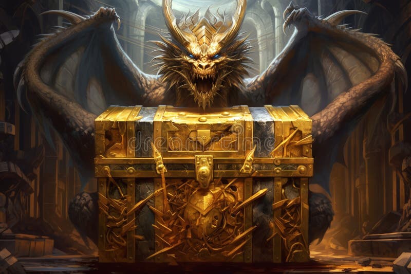 A Huge Golden Chest and a Dragon. Ai Generative Stock Illustration ...