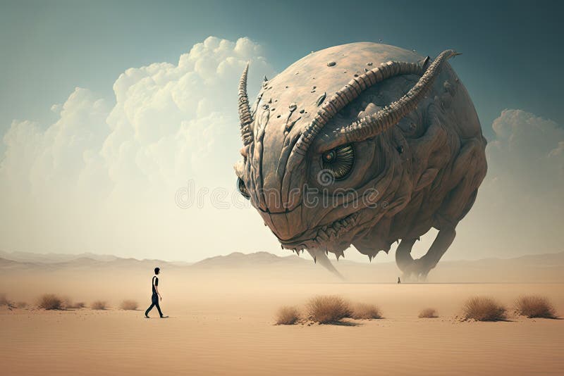 Huge Head of Creature Walking in Air on Planet Stock Illustration ...
