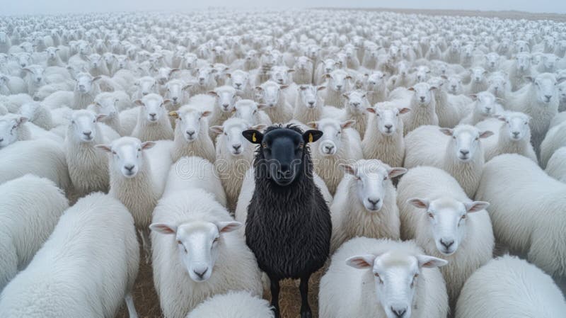 A Huge Herd of White Sheep, with a Black Sheep Standing Out in the ...