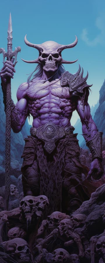 A Huge Horned Demon Stands on a Mountain of Skulls Stock Photo - Image ...