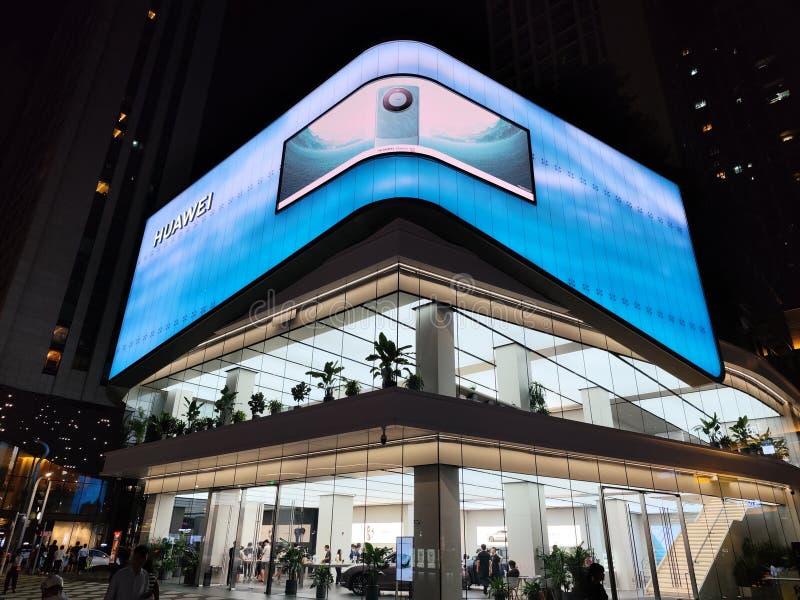 Huge Huawei Flagship Store with Big Screen Promoting the Huawei Mate60 ...