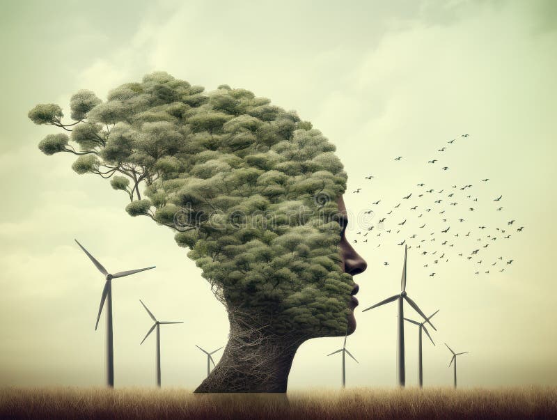 Huge Human Head and Wind Power Stations. Ecological Concept Stock ...