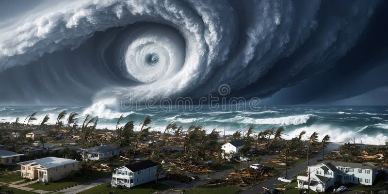 A Huge Hurricane Swirling Over a Coastal Town, Causing Destruction and ...