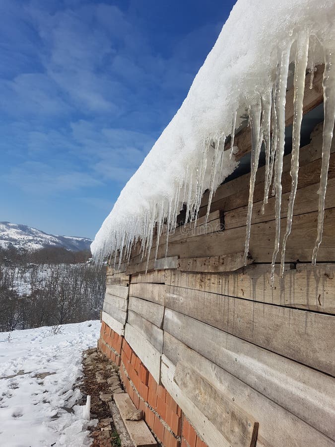 Huge Ice Water Extends Over the Building Stock Image - Image of white ...