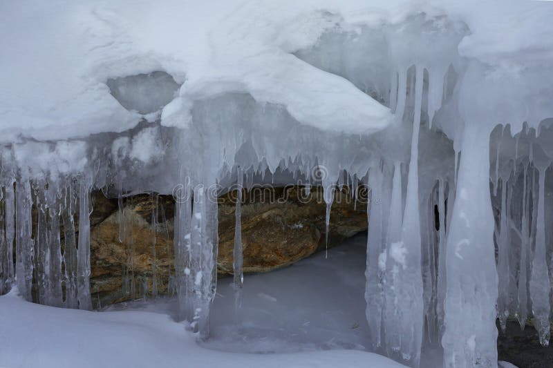 Huge Icicles on Rocks. Beautiful Winter Landscape in Lake Baikal. Stock ...