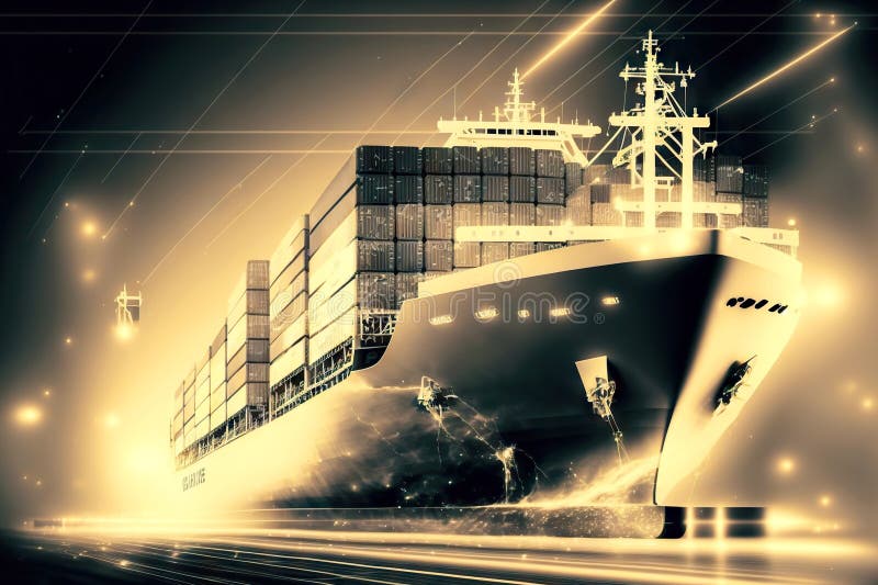 Huge Illuminated Cargo Ship with Rows of Containers on Board Sails To ...