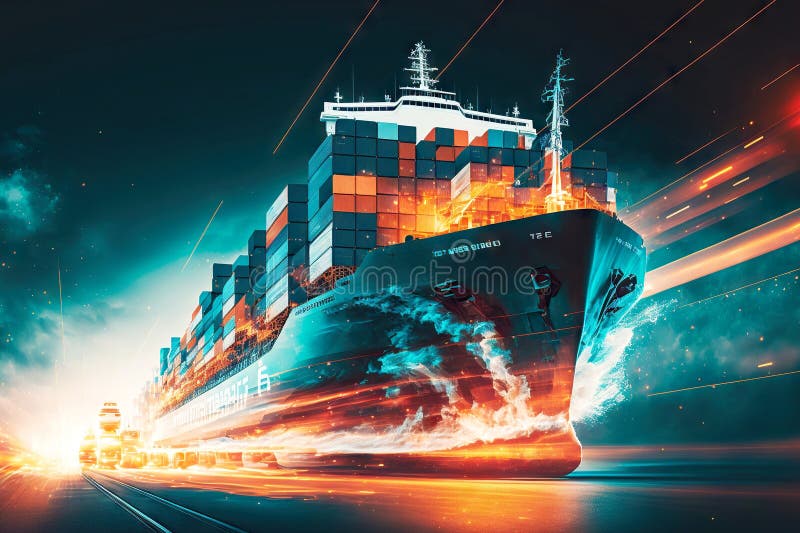 Huge Illuminated Cargo Ship with Rows of Containers on Board Sails To ...