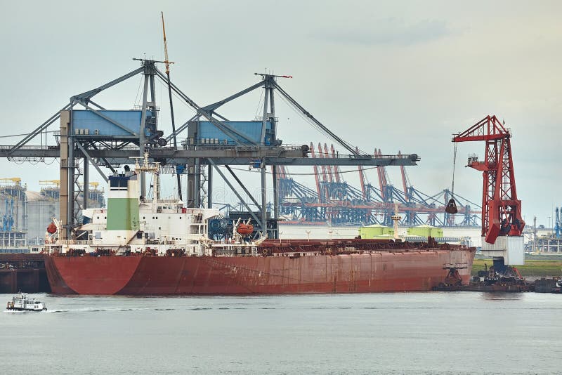 Unloading a huge ship stock image. Image of water, heavy - 259198307