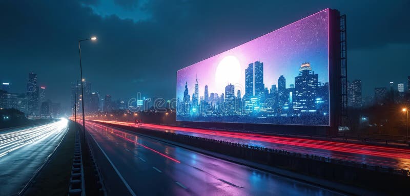 Huge LED Billboard on Highway with Cityscape Display at Night ...