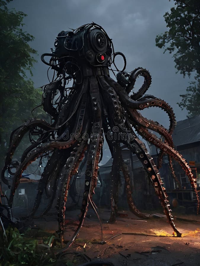 A Huge Machine Octopus Terrorizing a City at Night Stock Photo - Image ...