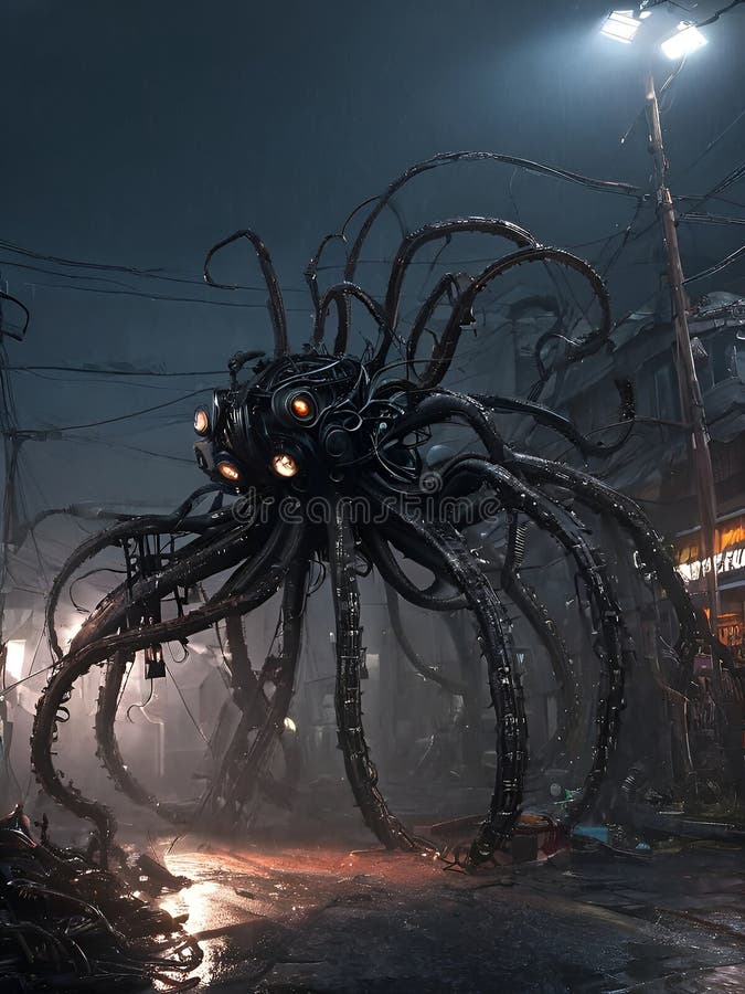 A Huge Machine Octopus Terrorizing a City at Night Stock Photo - Image ...