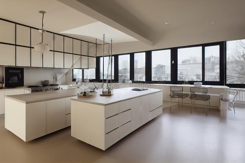 Huge Modern Kitchen with Kitchen Island and Many Windows. Stock ...