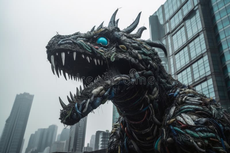 A Huge Monster Made of Plastic Waste Attacking a Modern City Created ...