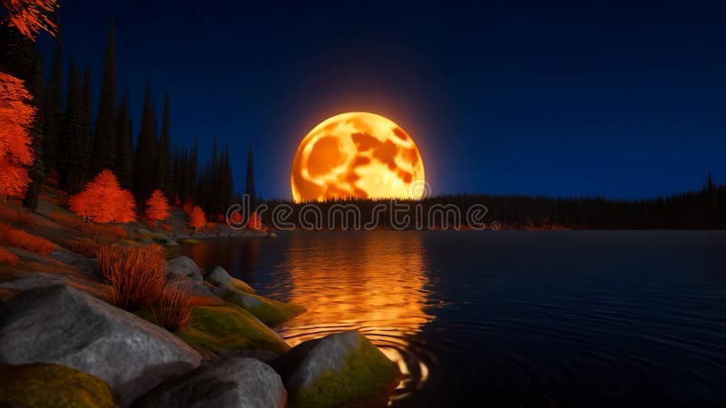 Huge moon over the lake stock video. Video of forest - 337522273