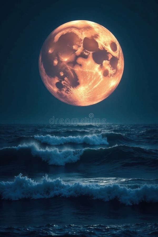 Huge Moon Rises Over Dark Atlantic, Waves Below , Mystery, Coastal ...