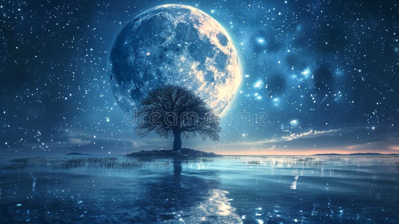 Huge Moon and a Tree on the Water. Under the Starry Sky Quiet Moonlight ...