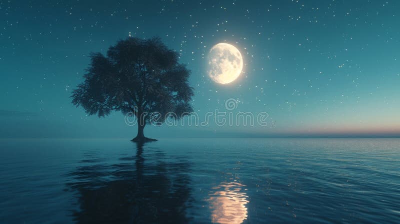 Huge Moon and a Tree on the Water. Under the Starry Sky Quiet Moonlight ...