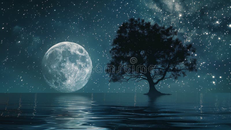 Huge Moon and a Tree on the Water. Under the Starry Sky Quiet Moonlight ...