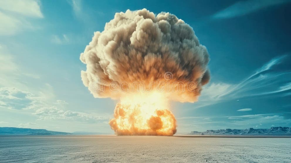 Nuclear Explosion Rising Over a Desolate Landscape with Clear Blue Sky ...